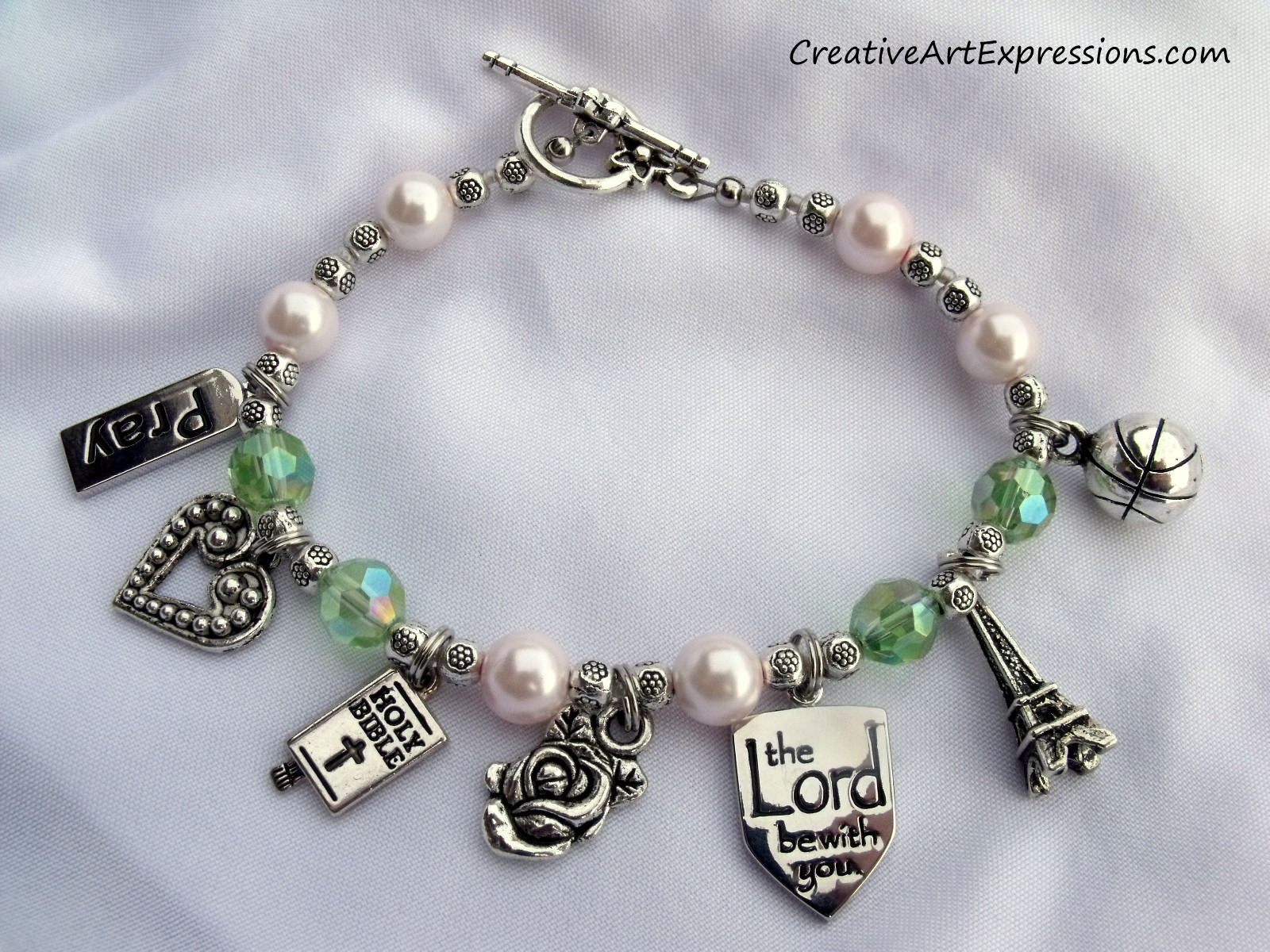 Creative Art Expressions Handmade Pink & Green Charm Bracelet Jewelry ...